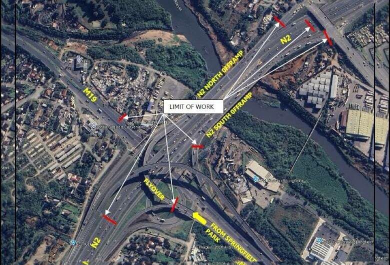 Temporary lane closure on the N2 at the uMngeni interchange in Durban ...